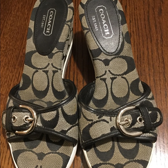 Coach | Shoes | Coach Wedge Black And Gray Sandals Signature Logo ...